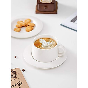 Kanwone Porcelain Stackable Cappuccino Cups with Saucers - 8 Ounce for Specialty Coffee Drinks, Cappuccino, Latte, Americano and Tea - Set of 4, White