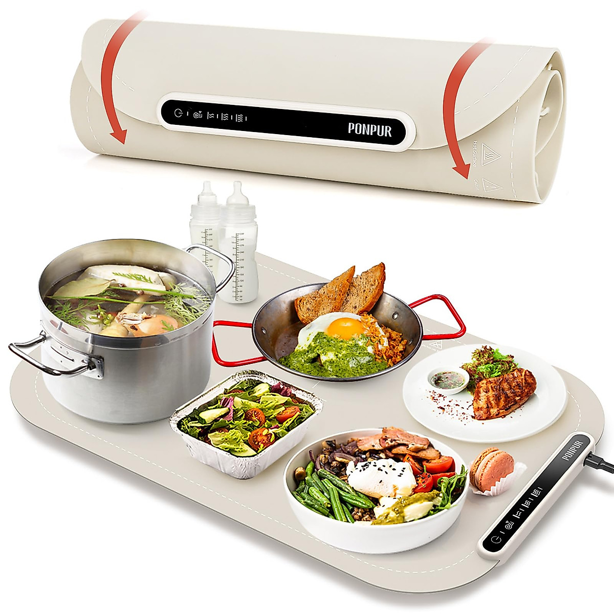 Electric Warming Mat for Food, 3 Adjustable Temperature - PONPUR Silicone Food Warmer Tray for Parties, Full Surface Heating, Auto Power Off, Foldable Hot Plate for Gatherings, Buffet, Family Meals