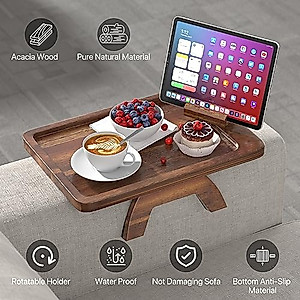 Acacia Wood Couch Arm Table, Sofa Arm Tray with 360° Rotating Holder, Sofa Arm Table for Couch, Couch Arm Tray, Sofa Armrest Tray, Ideal Gift for Eating and Drink