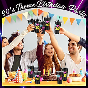 Uiifan 16 Pcs Back to the 90's Party Cute Reusable Cups with Lids and Straws 24 oz Cold Drinking 90's Retro Plastic Tumblers Bulk Funny Back to the 90's Party Decorations Supplies