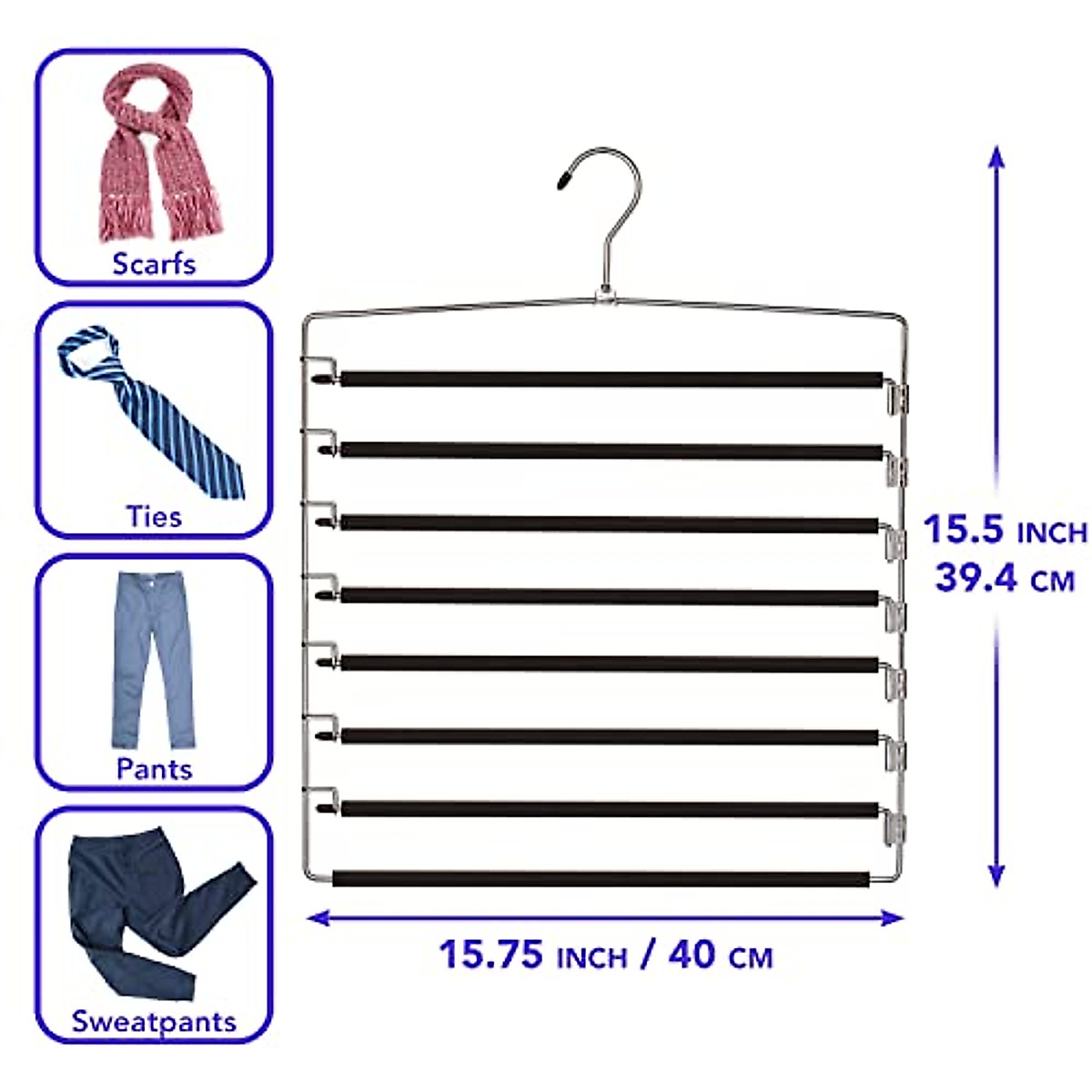 USTECH 8 Tier Swing Arm Pants Hanger | Space Saving Clothing Hangers with Foam Padding and Removable Arms | Alloy Steel Construction for Durability | Hook with Capped Ends for Added Safety | Pack of 2