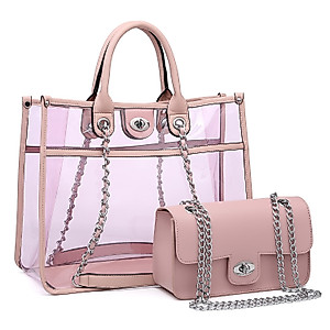 Large Clear Tote Bag PVC Top Handle Shoulder Bag 2 Pieces Set With Turn Lock Closure (Pink)