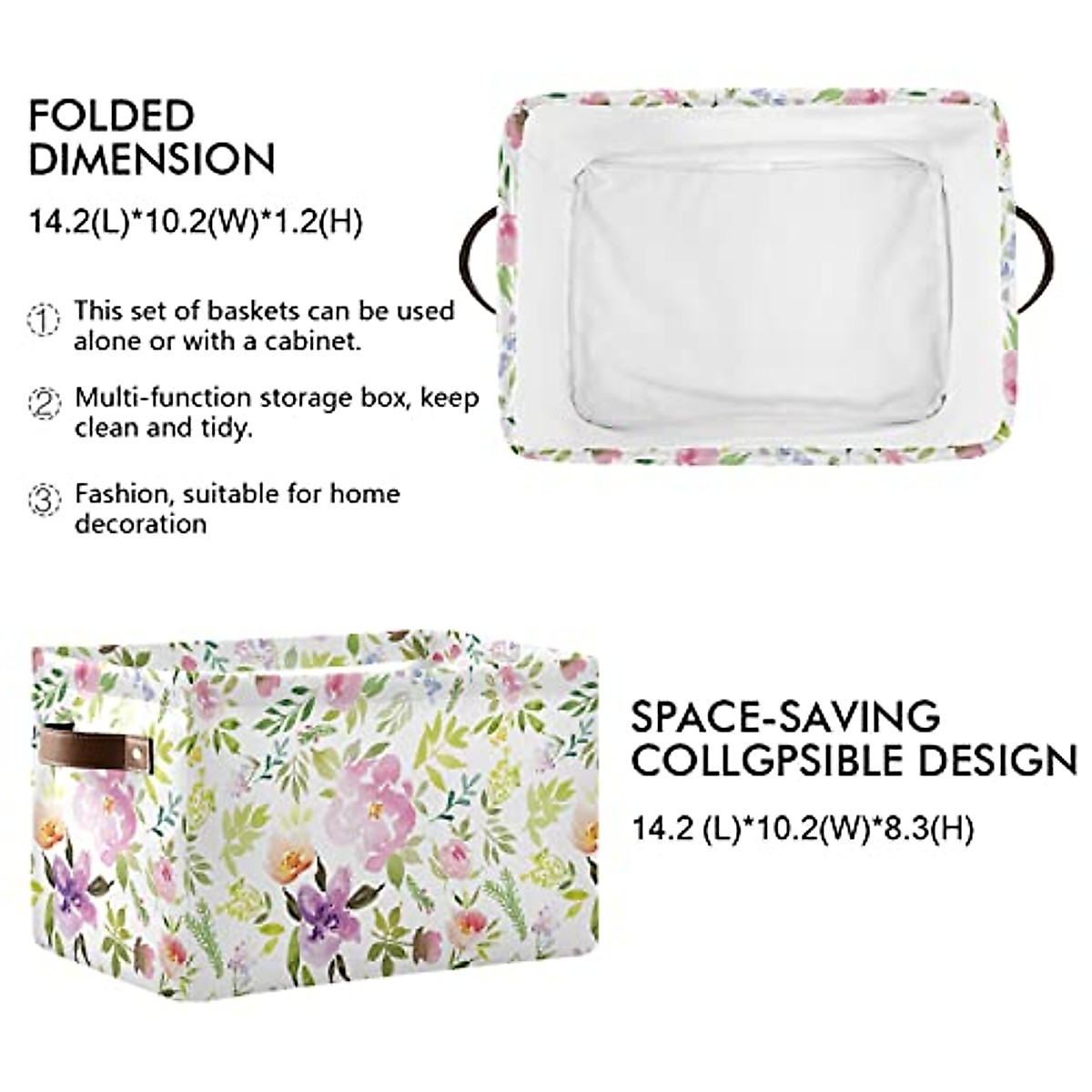 Fresh Purple Floral Storage Baskets Large Foldable Storage Bin Canvas Toys Box Fabric Decorative Collapsible Organizer Bag with Handles 2 Pcs
