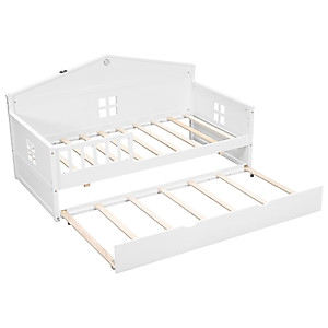MERITLINE Twin Size Daybed with Trundle and Sensor Light, Wood Daybed Sofa Bed with Charming House-Shaped Backboard,Kids Bed Frames with Windows and Safety Rails,White