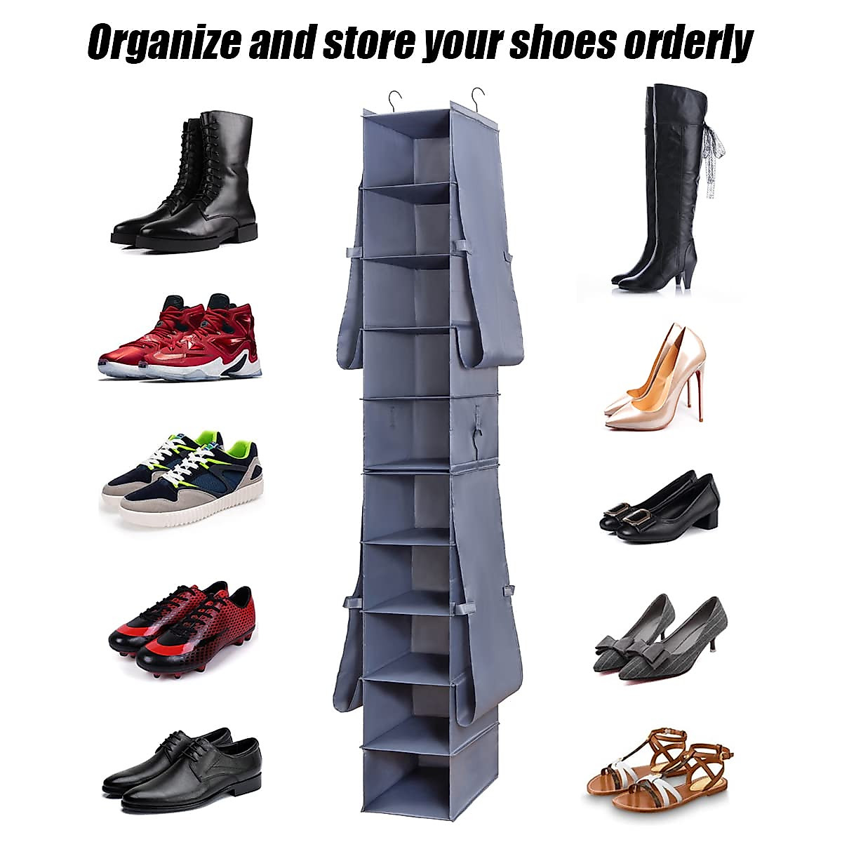 JIAMI HOME Shoe Rack Closet Hanging Boot Organizer for Closet Shoes Organizer Hanging Shoe Boots Storage Holder Shoe Closet Organizer, 10-Shelf 4 Pockets