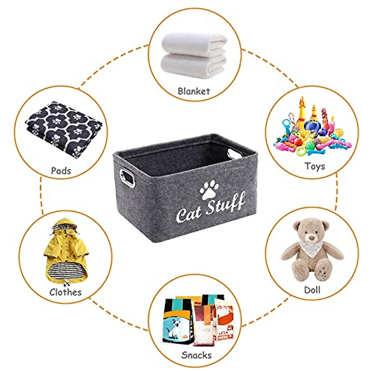 Brabtod Foldable Fabric Felt Storage Bins with Handles, Pet Supplies Storage for Bedroom, Closet, Toys, Laundry Cute Storage Baskets -gray-cat