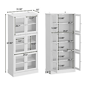 ECACAD 67.9" H Modern Bookcase Storage Cabinet with 6 Glass Doors & Adjustable Shelves, 6-Tier Wood Bookshelf Display Cabinet for Living Room & Office, White