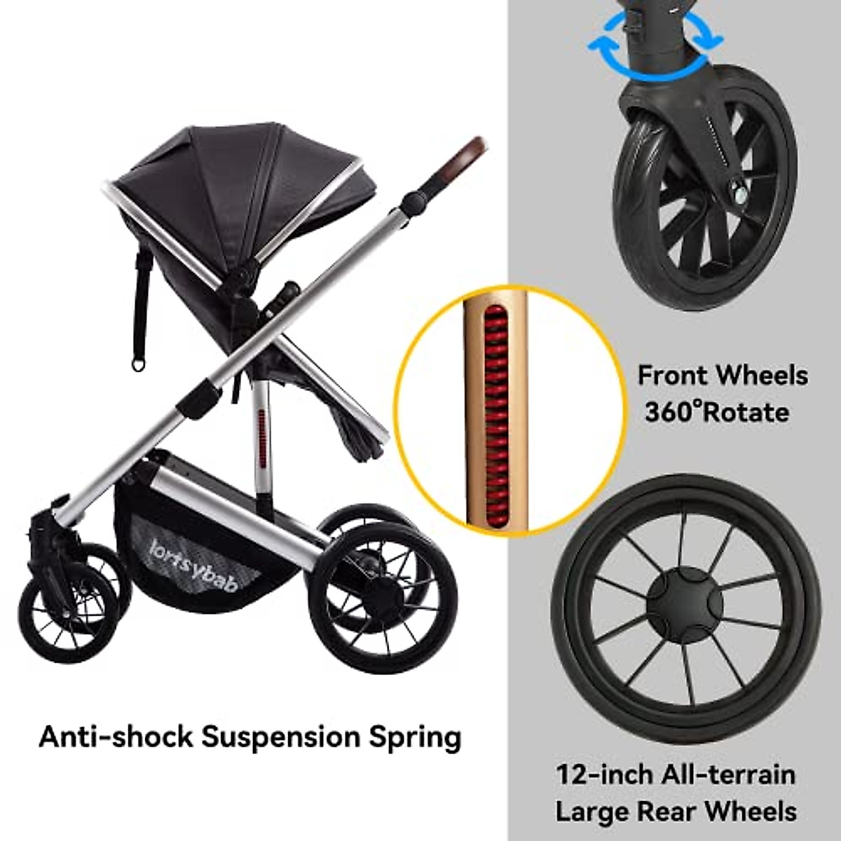 LORTSYBAB Baby Stroller - 2 in 1 High Landscape Convertible Stroller with Reversible Seat | Foldable Aluminum Alloy Pram Anti-Shock Toddler Pushchair Strollers for 0-36 Months Babies