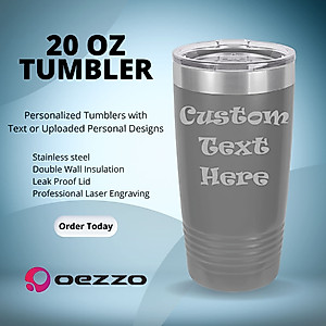 OEZZO Customized Tumblers, Double Wall Personalized Bottles with Splash and Leak Proof Upgraded Slider Lid, Laser Engraved Text on One or Two Sides (20oz, Gray)