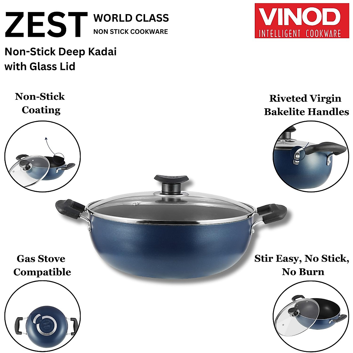 Vinod Cookware Non Stick Deep Kadai with Lid 4.1 Liters, Blue/Black, ZNKL-26
