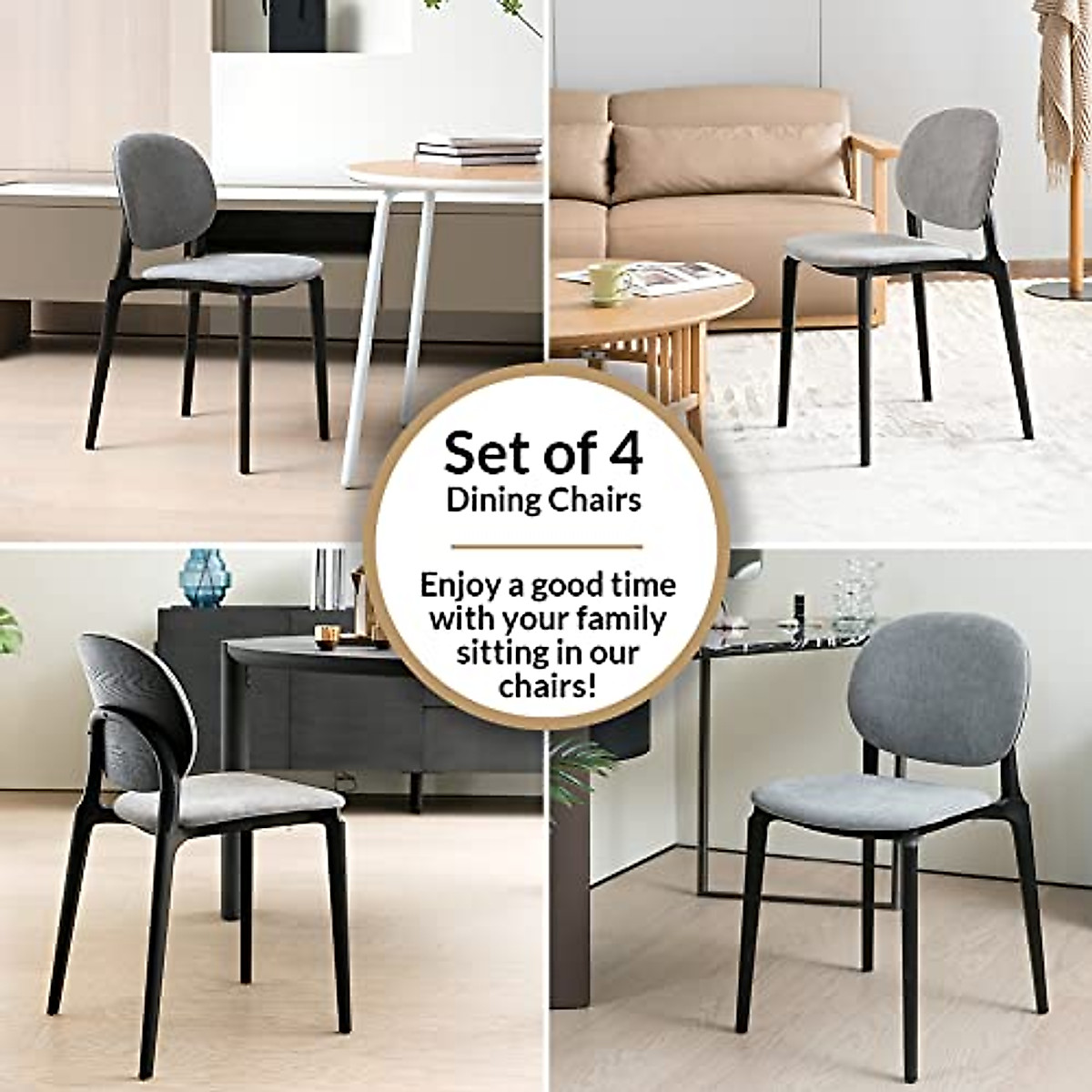 STARWAY Set of 4 Dining Chairs, Upholstered Side Chairs with Solid Wood Back, Indoor-Outdoor Chairs for Kitchen, Dining, Bedroom, Living Room, Bistro, Coffee Shops and More (Black & Gray)