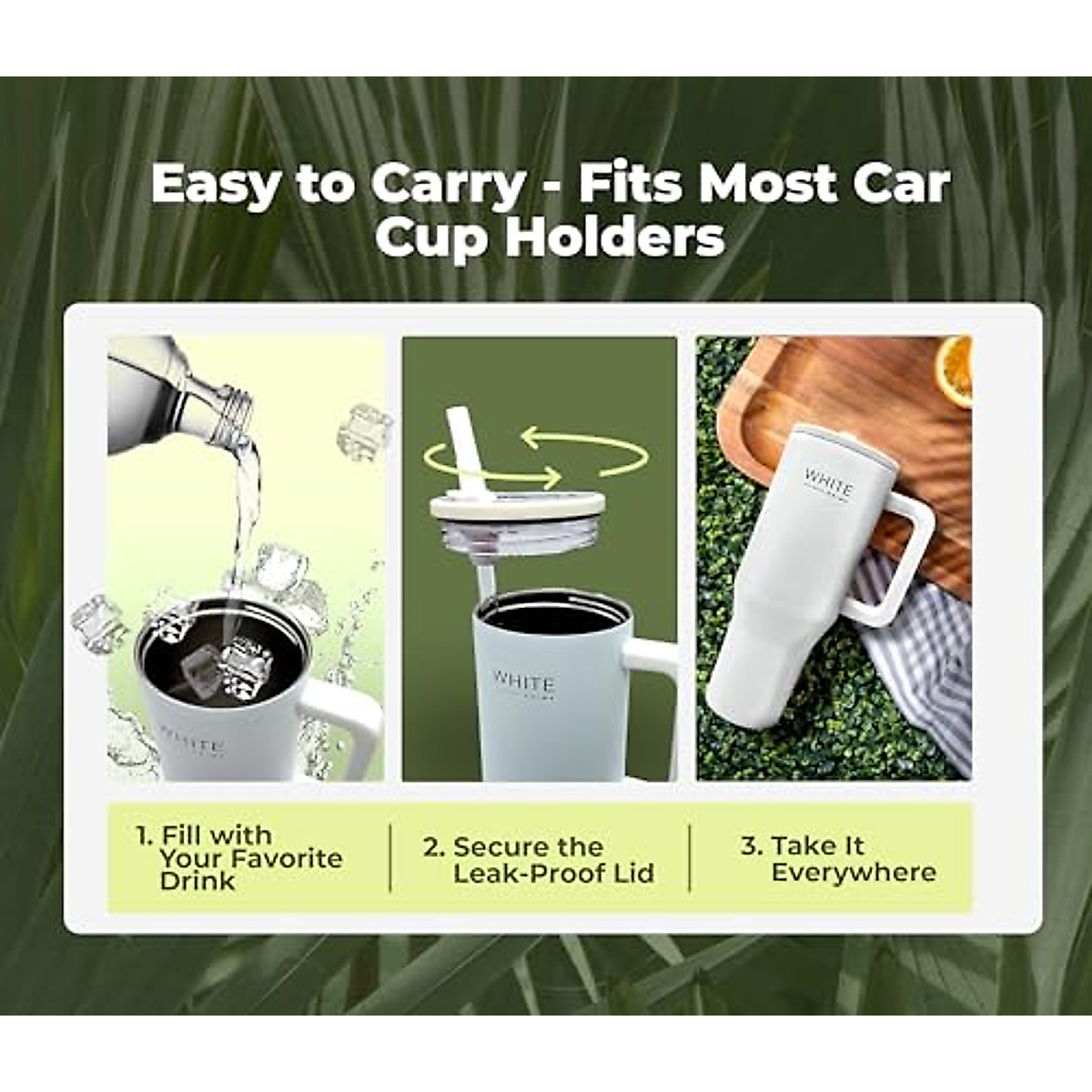 WHITE Prime 40 oz Tumbler | 100% Leak Proof | Simple Elegant Modern | Stainless Steel Double Wall Tumbler with handle | Reusable Water Bottle | Cupholder Friendly | Drinkware Flasks