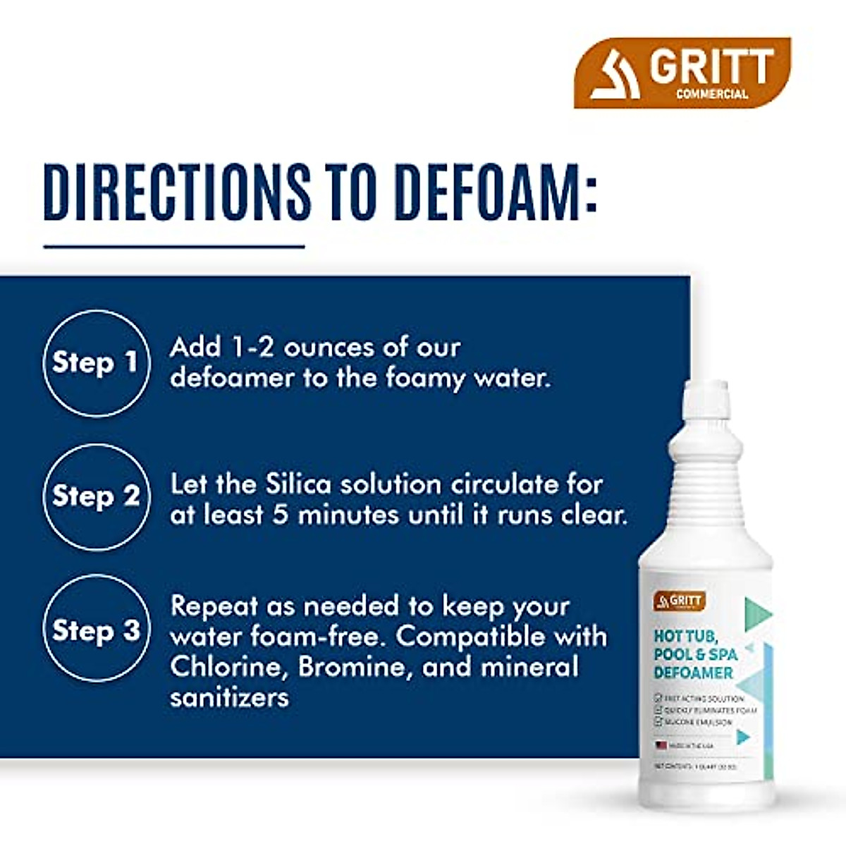 Gritt Commercial Pool Spa, Pond and Hot Tub Defoamer | Odorless and Non-Toxic Pool Cleaner | Anti Foam for Hot Tub | Safe with Silicone Emulsion Formula (32oz/Bottles)