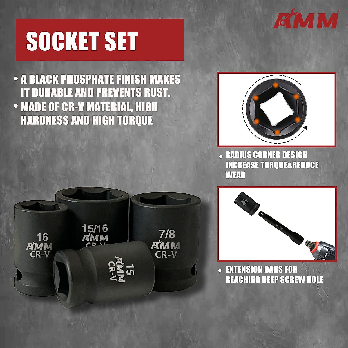 AMM 1/2" Drive Master Impact Socket Set, 24-Piece Shallow Standard SAE (7/16-Inch to 1-Inch) & Metric (13-24 mm) Sizes, Socket Assortment with Ratchet Handle，Cr-V Steel