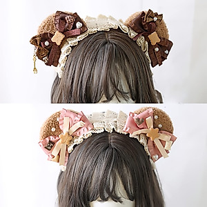 GK-O Lolita Bear Ear Headband Bowknot Hair Kawaii Lolita Prop Headwear Cute Hairpin Female Headdress Hair Accessories Handmade (Pink)