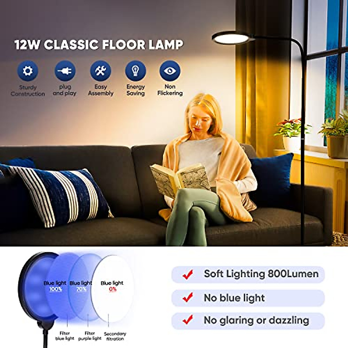 LED Floor Lamp, 12W Dimmable Standing Pole Reading Lamp 10 Brightness Levels&3 Color Temperature, Bright Gooseneck Adjustable Black Floor Lights, 800LM LED Task Lighting for Living Room Bedroom Office