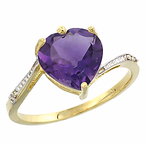14K Yellow Gold Natural Amethyst Ring Heart 9x9mm Diamond Accent, size 9.5