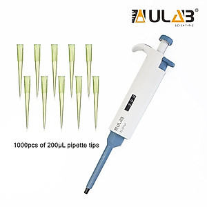 ULAB Single Channel Pipettor with Pipette Tips Offered, 1pc of Adjustable Volume Micro Pipette with Vol.Range.20-200μl, 1000pcs of Vol.200μl Pipette Tips in Yellow Color, ULH1020