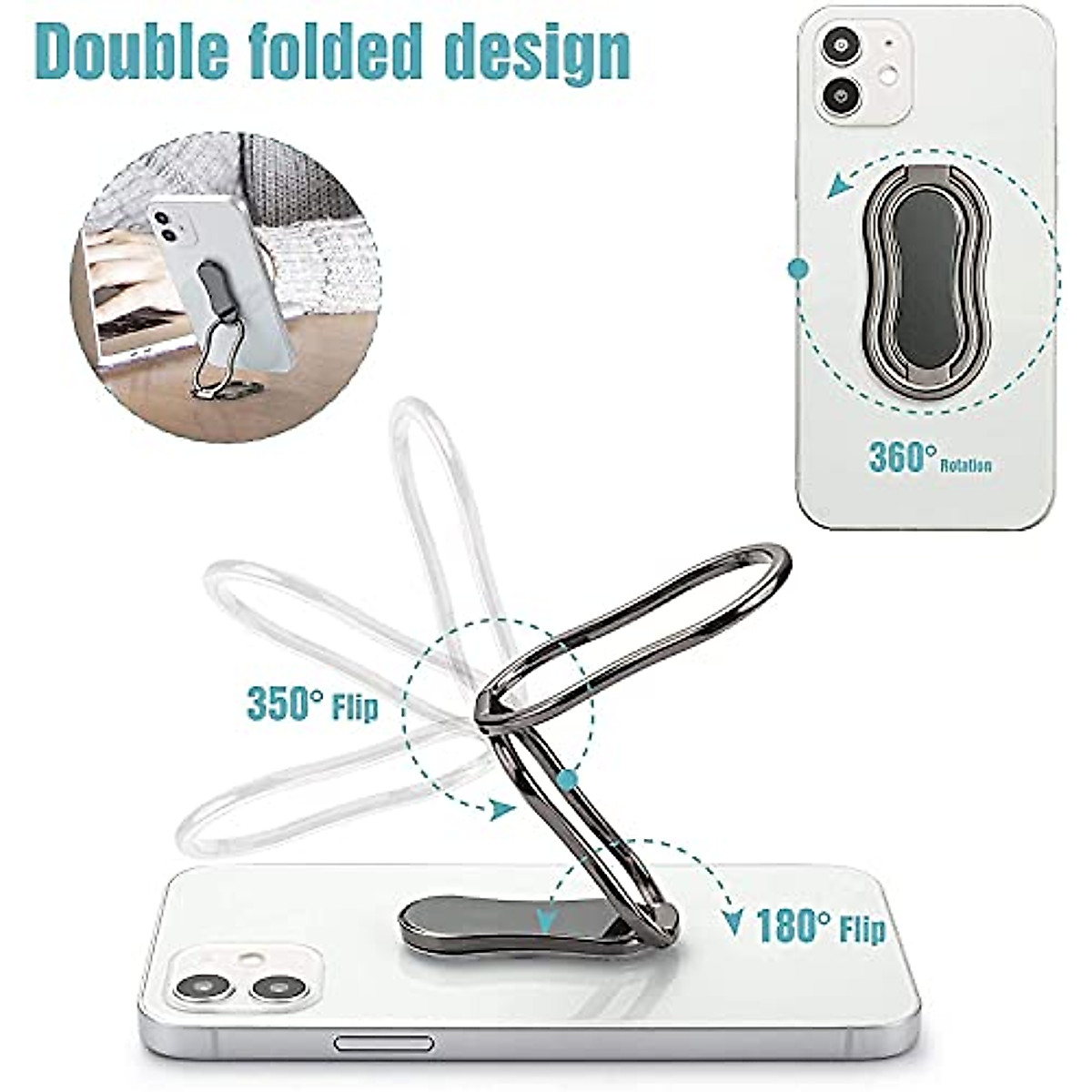 Phone Ring Holder Finger Kickstand, Foldable Cell Phone Stand 360° Rotation Metal Phone Back Grip for Magnetic Car Mount Phone Finger Ring Grip Compatible with iPhone and All Smart Phones (Black)