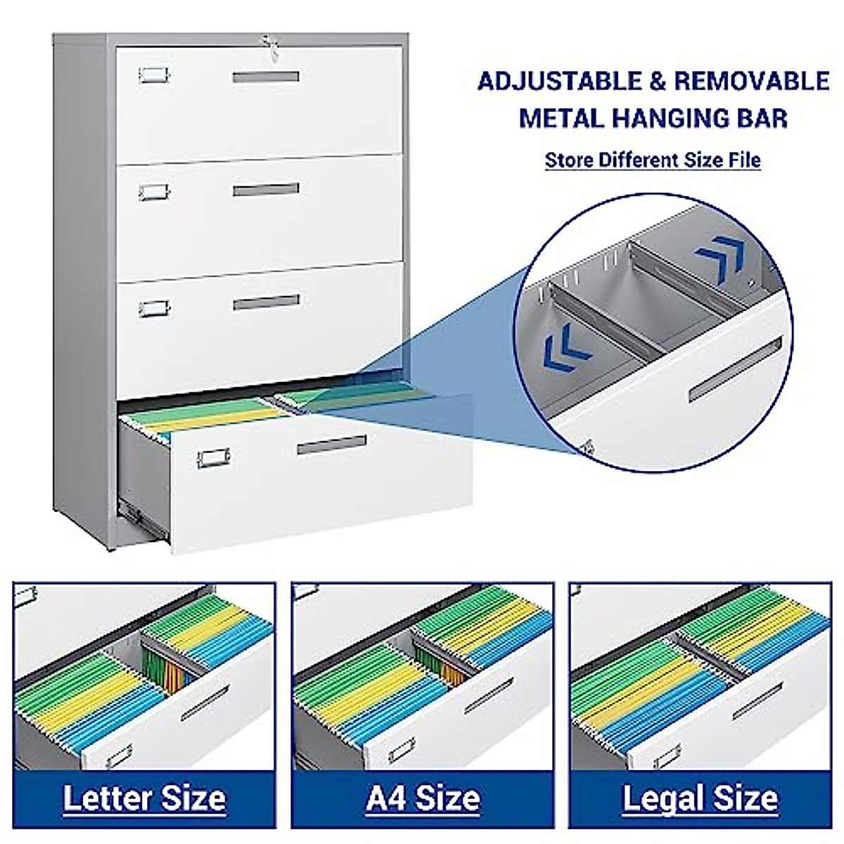 Fesbos 4 Drawer Lateral File Cabinet with Lock, Metal Steel Filling Cabinets for Home Office, Lockable Storage Cabinet for Hanging Files Letter/Legal/F4/A4 Size-Assembly Required