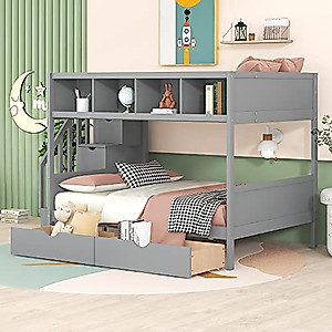 BOVZA Twin Over Full Bunk Bed with Storage Shelves, 2 Drawers and Staircase, Wood Bunk Bed Frame for Kids Teens Adults, Gray