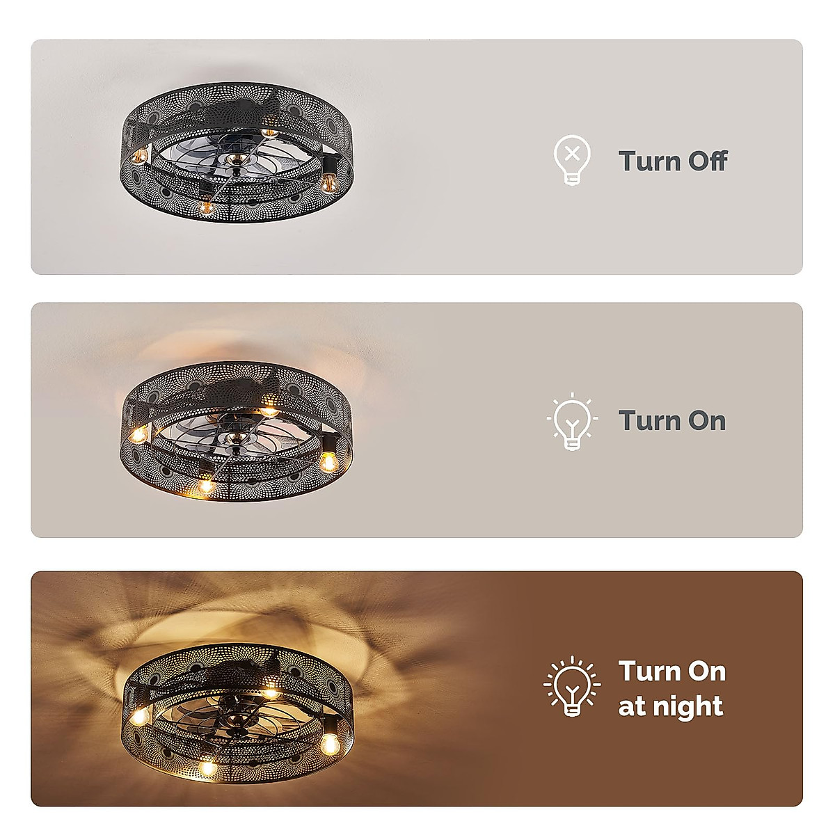 Orison 20 Inch Caged Ceiling Fan with Light, Black, 6 Speeds, Timer, Reversible Motor, Industrial Low Profile Ceiling Fan for Living Room, Bedroom, Kitchen