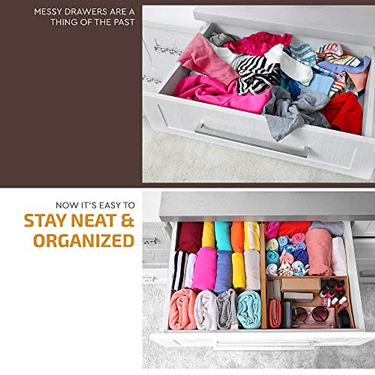 Adjustable Bamboo Drawer Dividers Organizers - Fits Standard Drawers Sized 12.2" Upto 17.3"- Expandable Kitchen Drawer Organizer Separator for Utensils, Dresser, Clothes, Bedroom, Bathroom 4pk, Natural