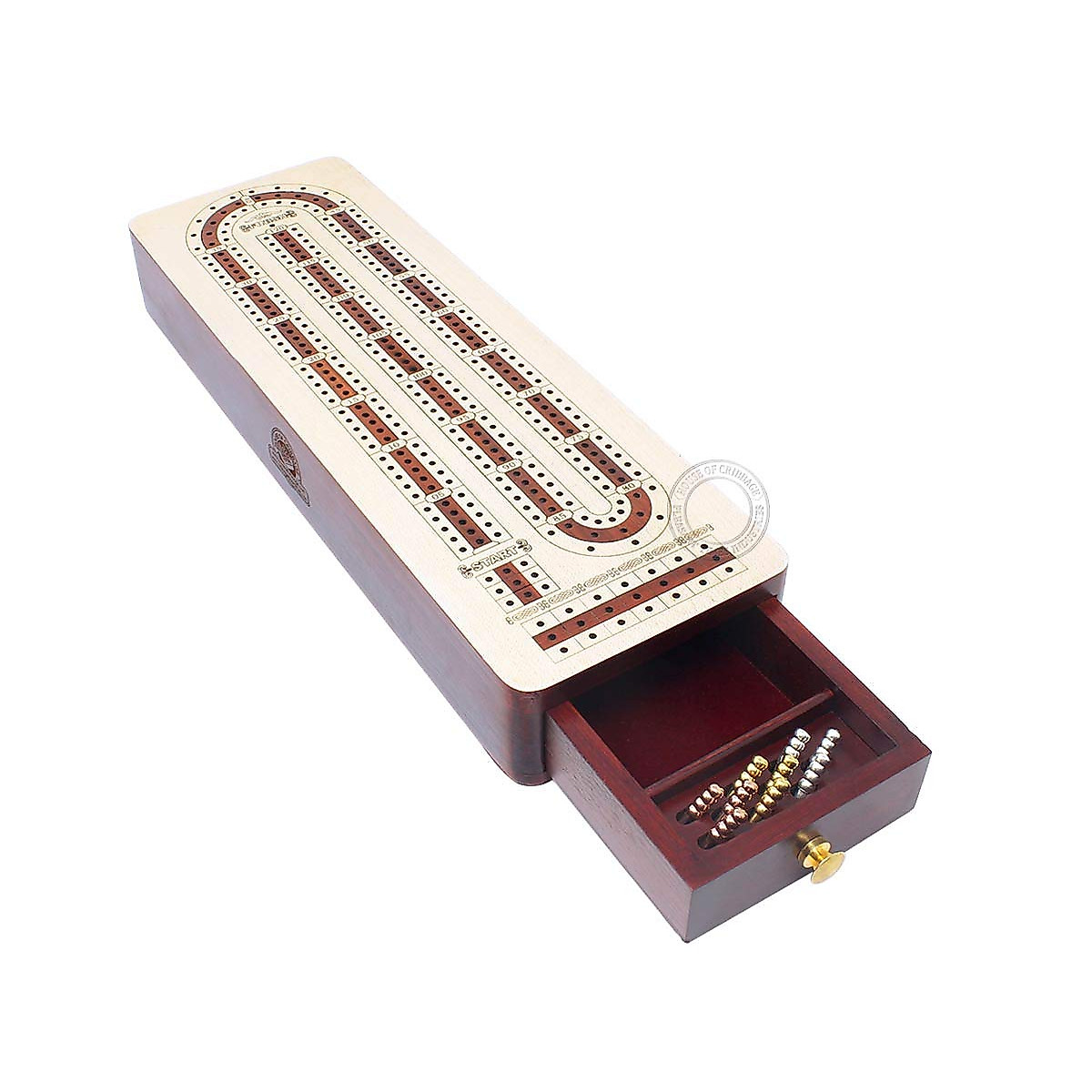 House of Cribbage Continuous Cribbage Board Alphabet e Shape Inlaid in Maple and Bloodwood with Storage Drawer for pegs and Cards - 3 Tracks