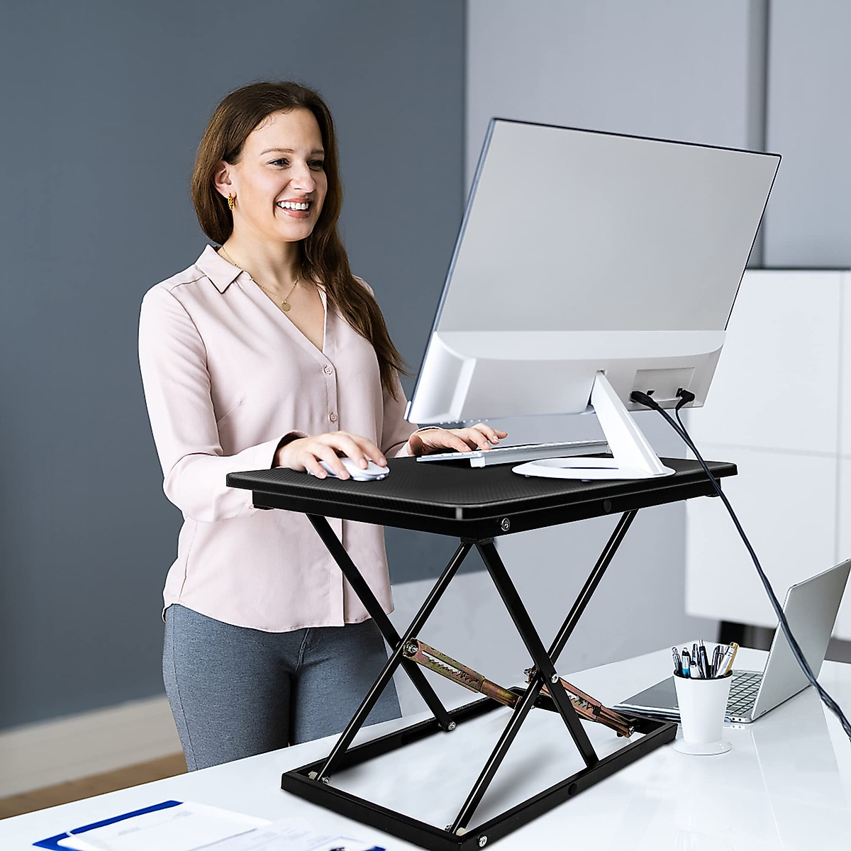 STANDNEE Standing Desk Converter, Height Adjustable Sit Stand Desk Converter, Fully Assembled Monitor Desk Riser for Standing or Sitting, Sit to Stand Desk for Home Office, Black, Pattern.