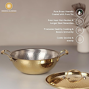 Swadeshi Blessings Exclusive Range Brass Kadai for Cooking with Lid/Teflon-Free/Naturally Non-Stick Brass Utensils with Tin Coating (2 Litres)