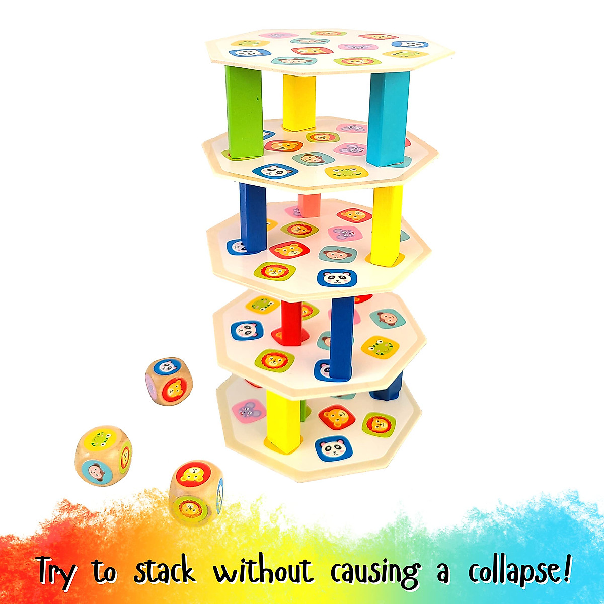 LMC Products Stacking Tower Game - Dice & Stacking Cards Animal Edition - Mini Colorful Blocks - Multiple Ways to Play Family Game Night - Games for Kids and Adults