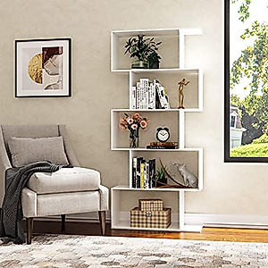 Yusong Bookshelf 5-Tier, Geometric Bookcase S Shaped Book Shelves for Bedroom, Modern Wood Decorative Display Shelf Book Case for Home Office, White