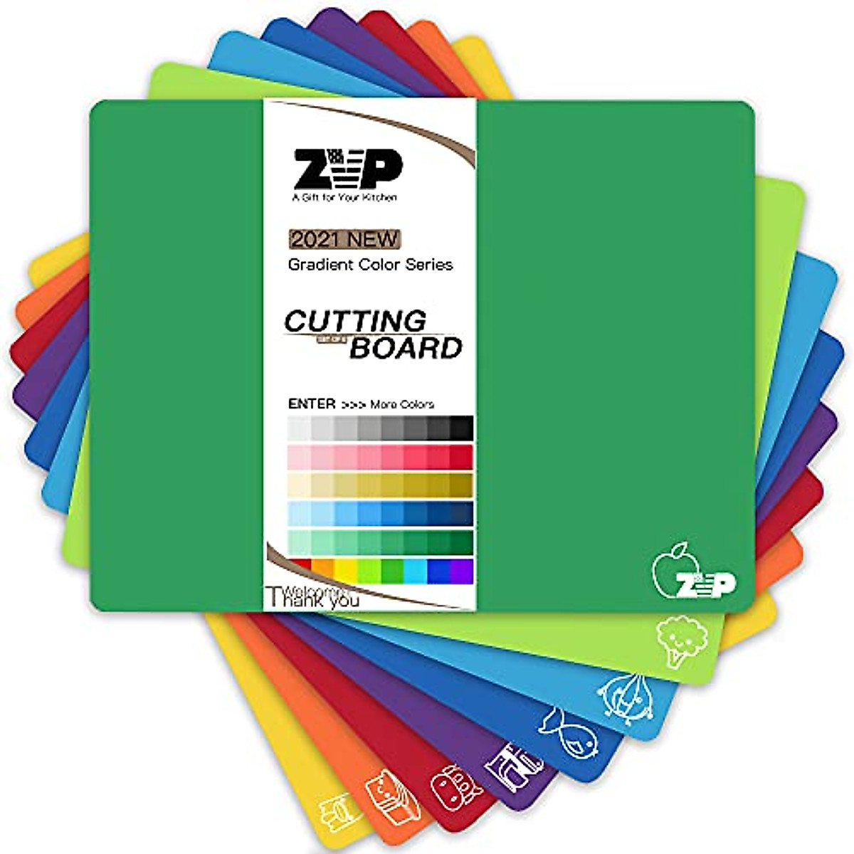 ZVP Plastic Cutting Boards for Kitchen, Flexible Cutting Mats, Colorful Chopping Boards with Food Icon, Non-Slip, Non Porous, BPA Free, Dishwasher Safe