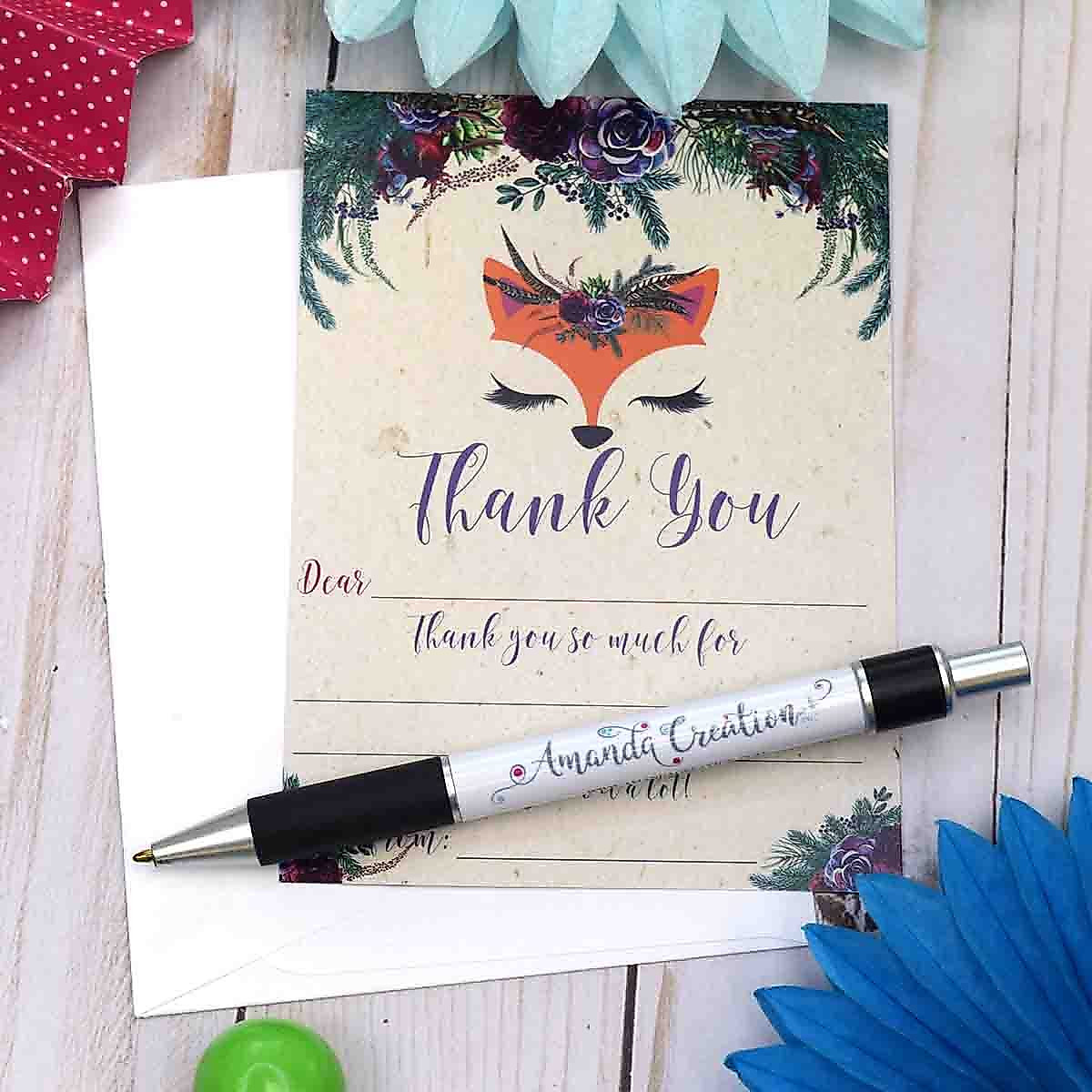 Woodland Forest Fox Face Floral Thank You Notes, Ten 4" x 5.5" Fill In The Blank Cards with 10 White Envelopes by AmandaCreation