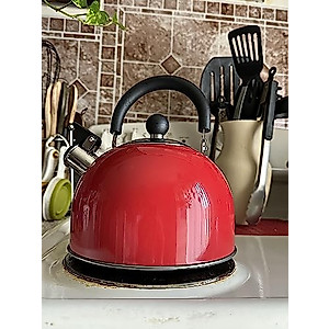Deep Red 2.5 Quart Whistling Tea Kettle - Constructed from 18/8 Stainless Steel and Ergonomic Stay Cool Handle with One-Hand Pouring Mechanism