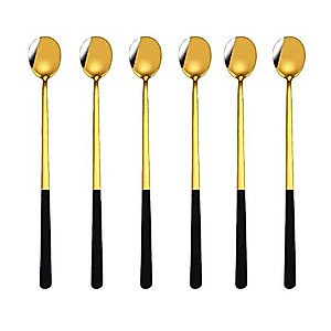 MBBITL 6-Pack Black Gold 9" Ice Coffee Spoon Iced Teaspoon for Mixing Cocktail Stirring Tea Milkshake Cold Drink Stainless Steel
