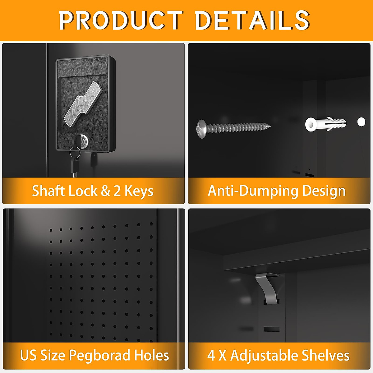 Upgraded Tall & Wide Metal Storage Cabinet with Doors & 4 Adjustable Shelves | Heavy-Duty Black Lockable Garage Cabinet with Wheels & Pegboard for Office, Gym, Basement, Warehouse (Black)
