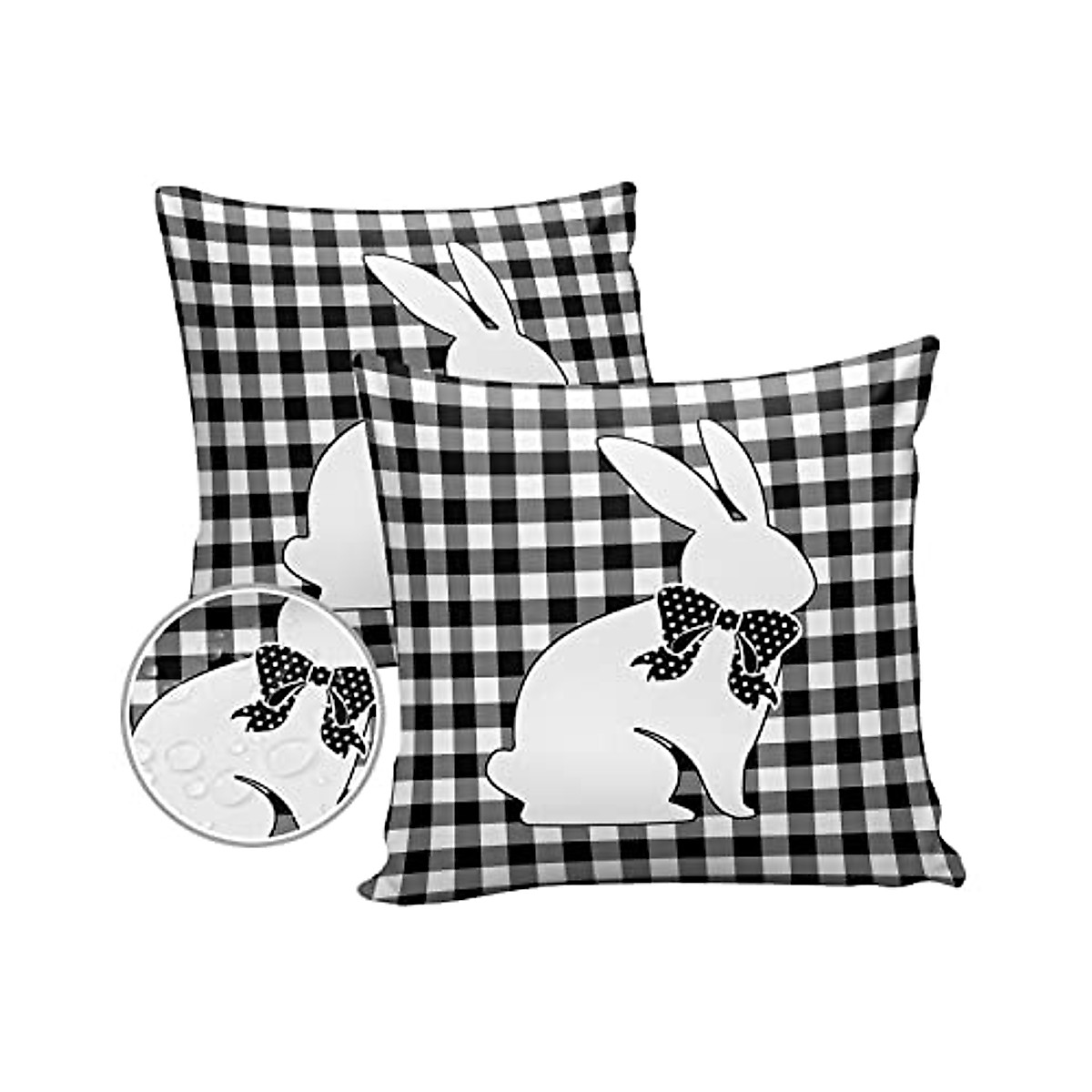 Outdoor Waterproof Throw Pillow Covers 2 Pack Rabbit Easter Bunny Point Bow Square Couch Sofa Cushion Cases White Black Checker Pillowcase Shell for Patio Garden Home Decoration