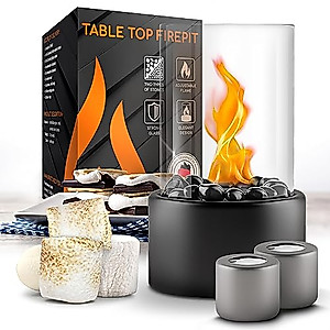 Flammtal Tabletop Fire Pit [4h Burning Time] - Indoor & Outdoor - Ethanol Table Top Fire Pit Bowl with Black & White Stones - Portable Fire Pit with 2 Combustion Chambers - Fire Bowl