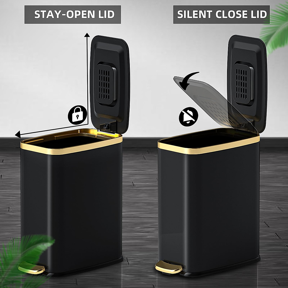 CEROELDA Small Bathroom Trash Can with Lid Soft Close-5L/1.3 Gal Slim Garbage Can-Metal Step Wastebasket-Rectangle Narrow Waste Bin for Office, Bedroom, Toilet, Live Room-Black