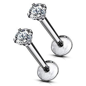 Forbidden Body Jewelry 16 g Titanium Internally Threaded Tragus Piercing CZ Top Flat Back Piercing Nose Studs Earring, Helix, Cartilage, Labret, Monroe for Women or Men (10mm/3mm X2)…