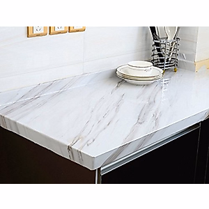 White Marble Adhesive Paper Gloss Vinyl Wrap For Kitchen Countertop Peel Stick Shelf Liners Decal 15.8inch by 79inch
