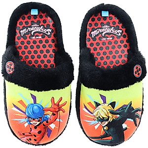 Miraculous Ladybug Girls' Slipper Scuff, Mismatch Ladybug and Cat Noir, Black/Red, Big Kid Size 3/4