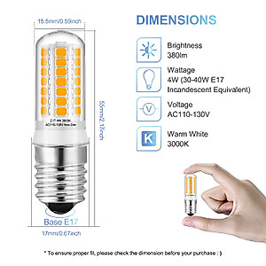 KLG 2 x E17 LED Bulbs, for Under Microwave Light Bulbs, Over Stove Lights, Home Lighting, Warm White 3000K, 4W 40W Halogen/Incandescent Bulbs Replacement,AC110-130V Non-dimmable