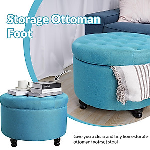 Elevon Large Button Tufted Accent Round Storage Ottoman Upholstered Ottoman with Storage for Living Room & Bedroom, 24.4" x 24.4" x 16.9"