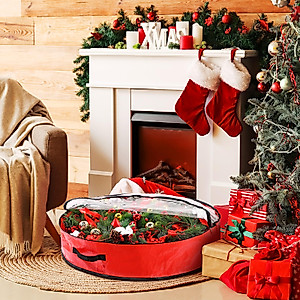 Aliceset 4 Pack Wreath Storage Containers, Christmas Garland Storage Bags with Window and Handles, Durable Christmas Decoration Box Holder for Holiday Xmas(36 x 36 x 7.8 Inch,Red)