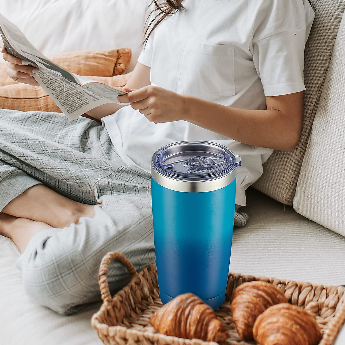 COMOOO 20oz Tumbler with Straw Stainless Steel Insulated Coffee Tumbler Cups Double Wall Vacuum Travel Coffee Mug with Splash Proof Sliding Lid for Hot Cold Drinks (Dark Night, 1 Pack)