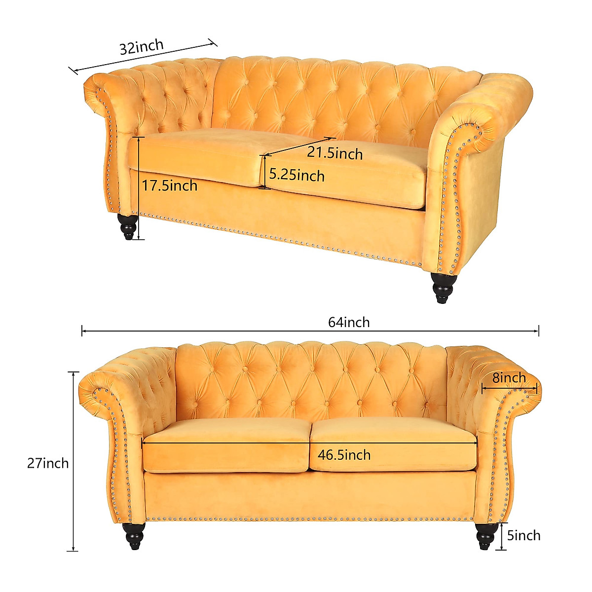 LEVNARY Velvet Sofa, Chesterfield Tufted Upholstered 2 Seater Couch, Modern Loveseat Couch Classic Furniture for Living Room Bedroom (Yellow)