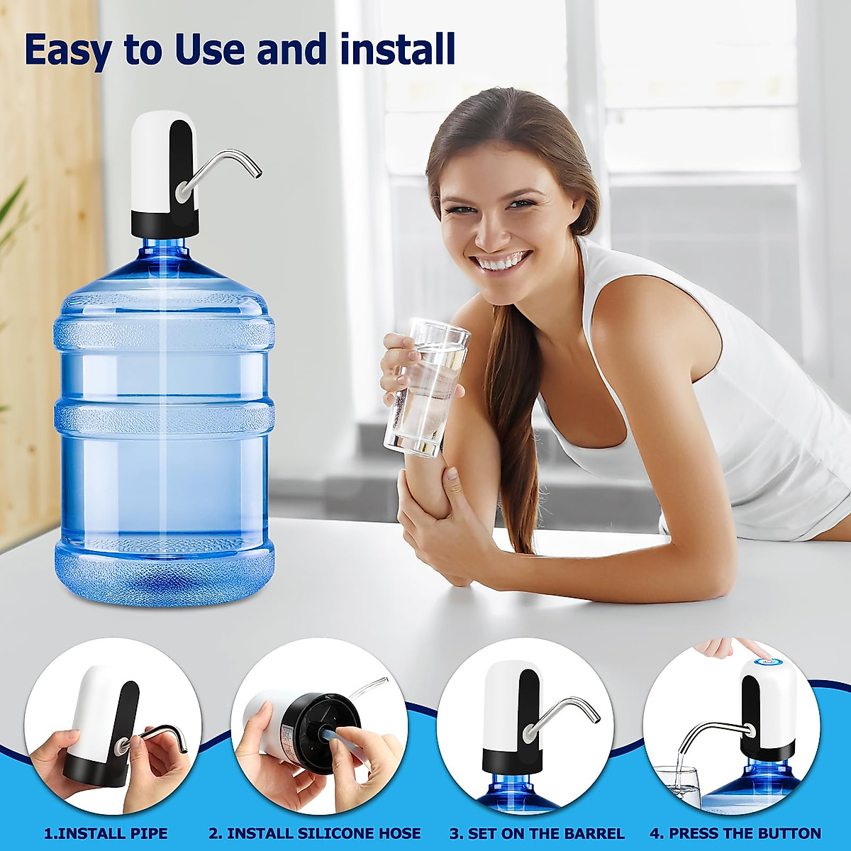 KUFUNG Water Dispenser for 5 Gallon Bottle - Rechargeable Water Pump for 5 Gal Jug, BPA-Free, Food Grade Silicone Hose, Stainless Steel Spout - 30-40 Days Battery Life, Easy One Switch Operation