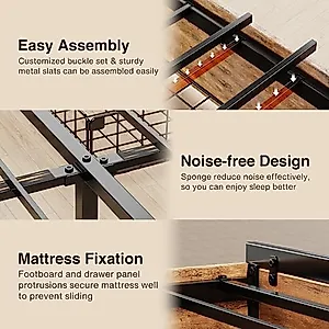 Gizoon Queen Bed Frame with Storage Headboard, 15 Iron Slats, Solid and Stable, Large Underbed Storage, No Box Spring Needed, Easy Assembly